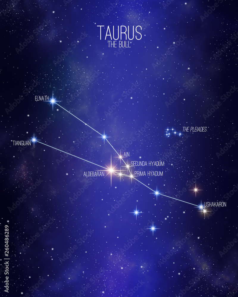 Taurus the bull zodiac constellation map on a starry space background ...