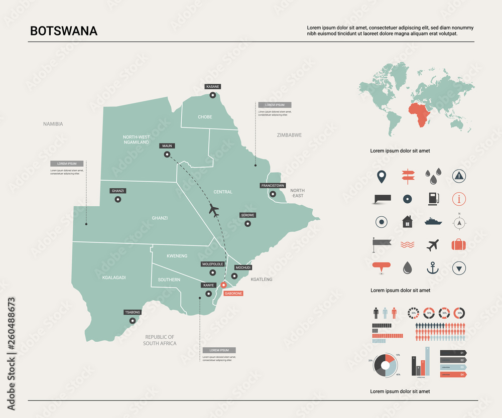 Vector map of Botswana. High detailed country map with division, cities ...