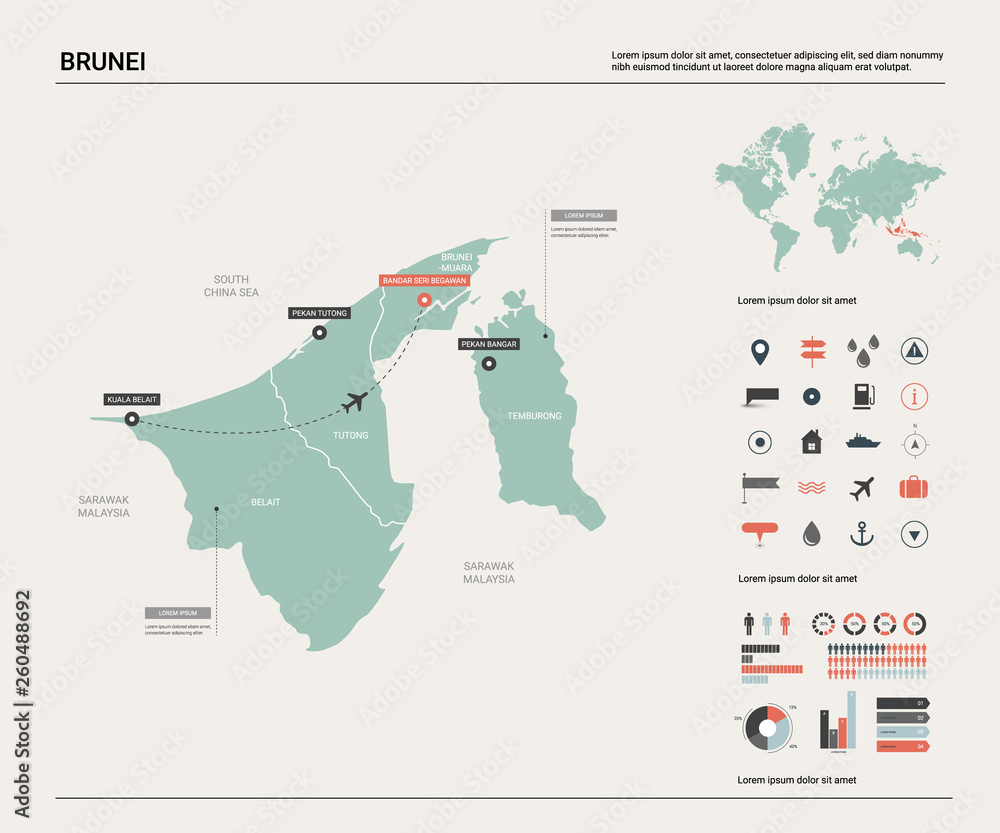 Vector map of Brunei. High detailed country map with division, cities ...
