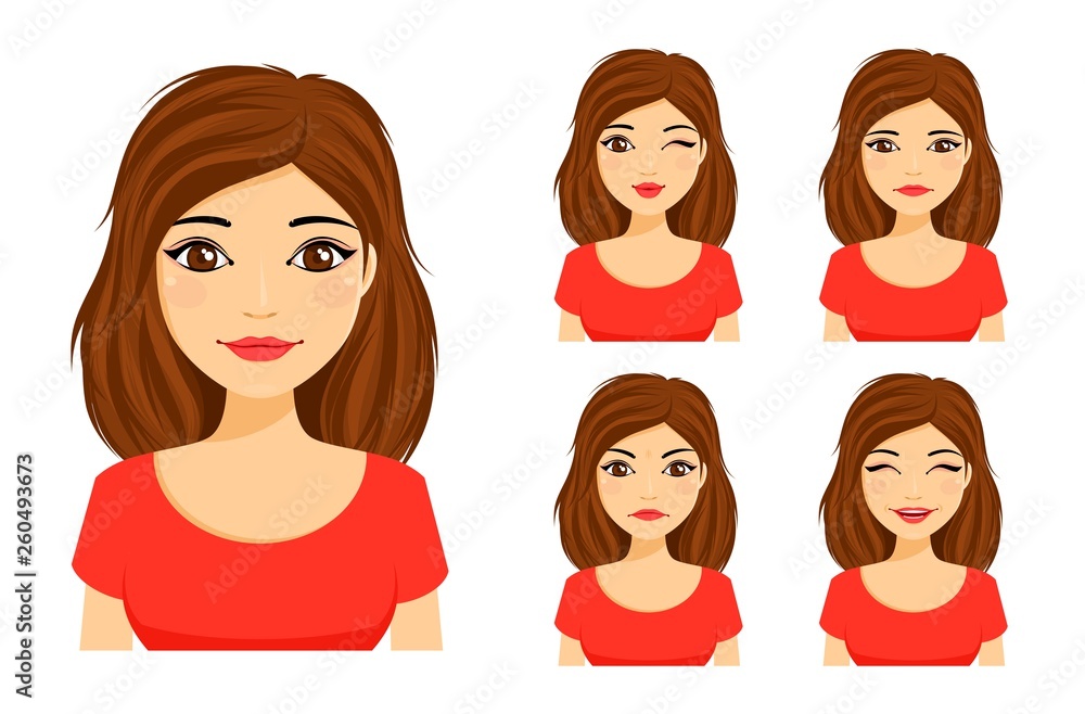 Set of emotions. Young cute girl shows different emotions. Flirting ...