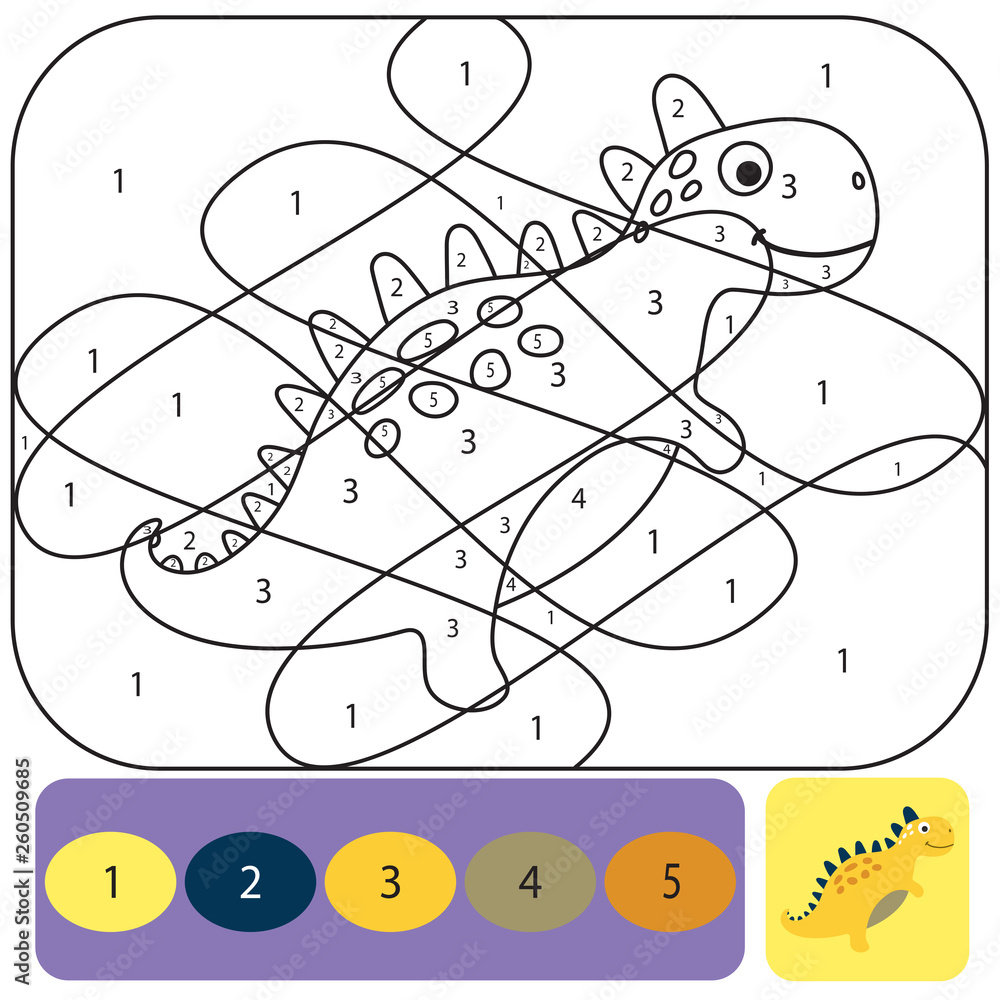 Cute dino coloring page for kids. Coloring puzzle with numbers of color ...