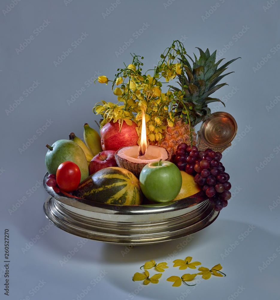 Vishukkani arranged in traditional Kerala brass uruli for Vishu day ...