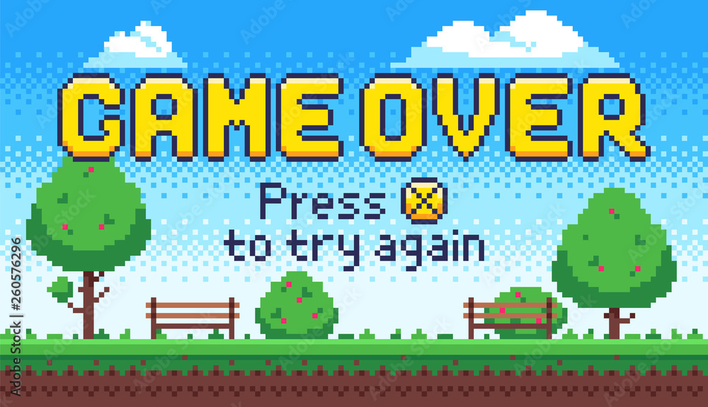 Game over screen. Retro 8 bit arcade games, old pixel video game end ...