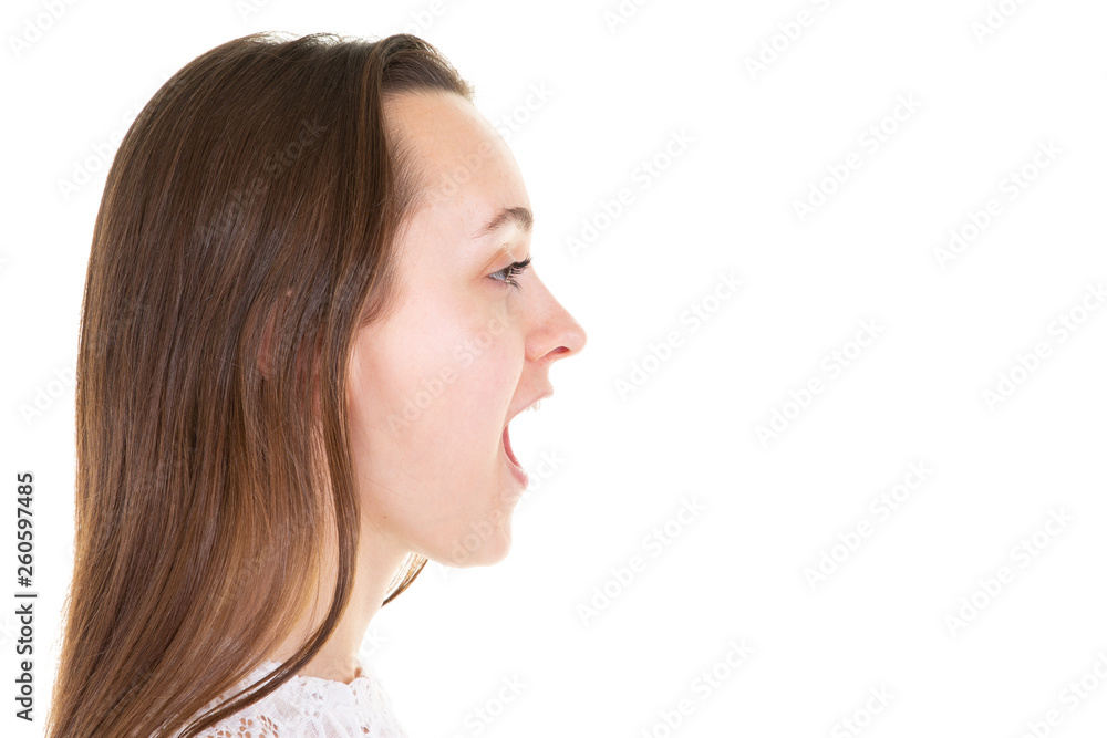 Profile of an angry young woman shouting in white background Stock ...