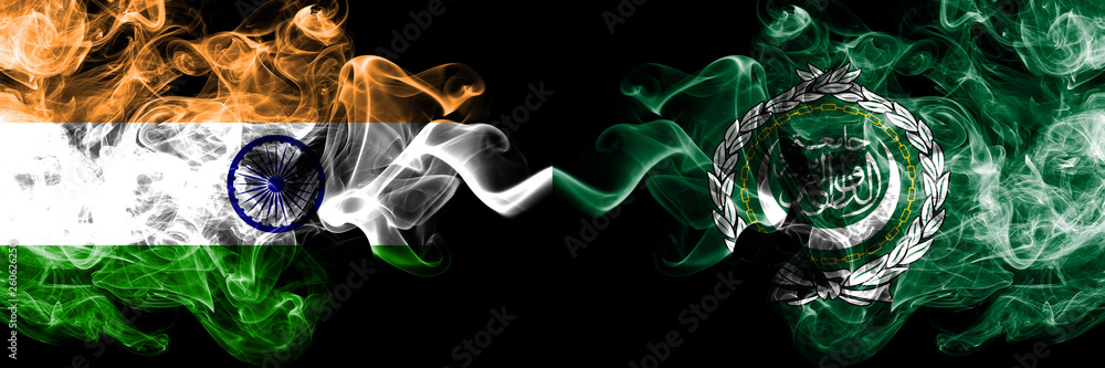 India vs Arab League smoke flags placed side by side. Thick colored ...