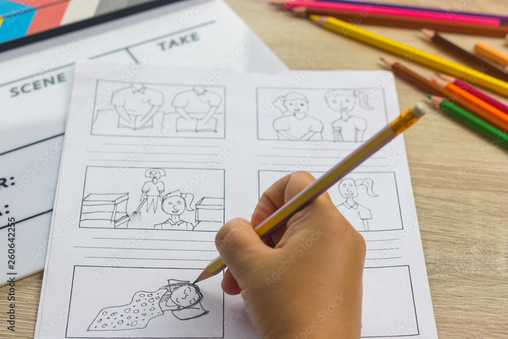 Storyboard drawing with pencil creative sketch cartoon. Storyboarding ...