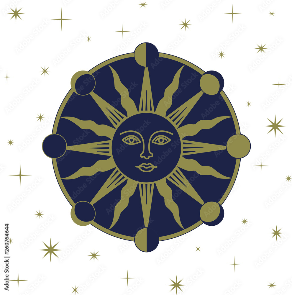 Medieval sun sol face moon phases stars astronomy alchemy gothic vector ...