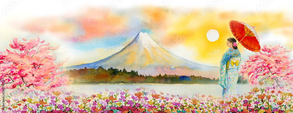 Famous landmarks of Japan in spring. Stock Illustration | Adobe Stock