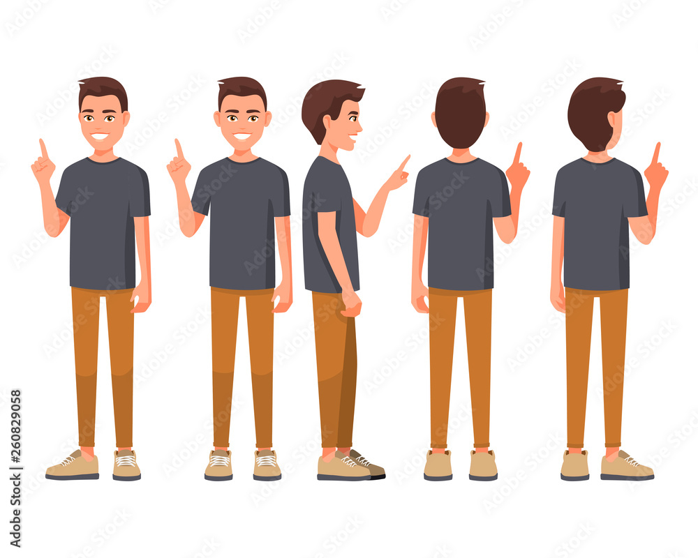 Vector illustration of smiling men in casual clothes pointing with hand ...