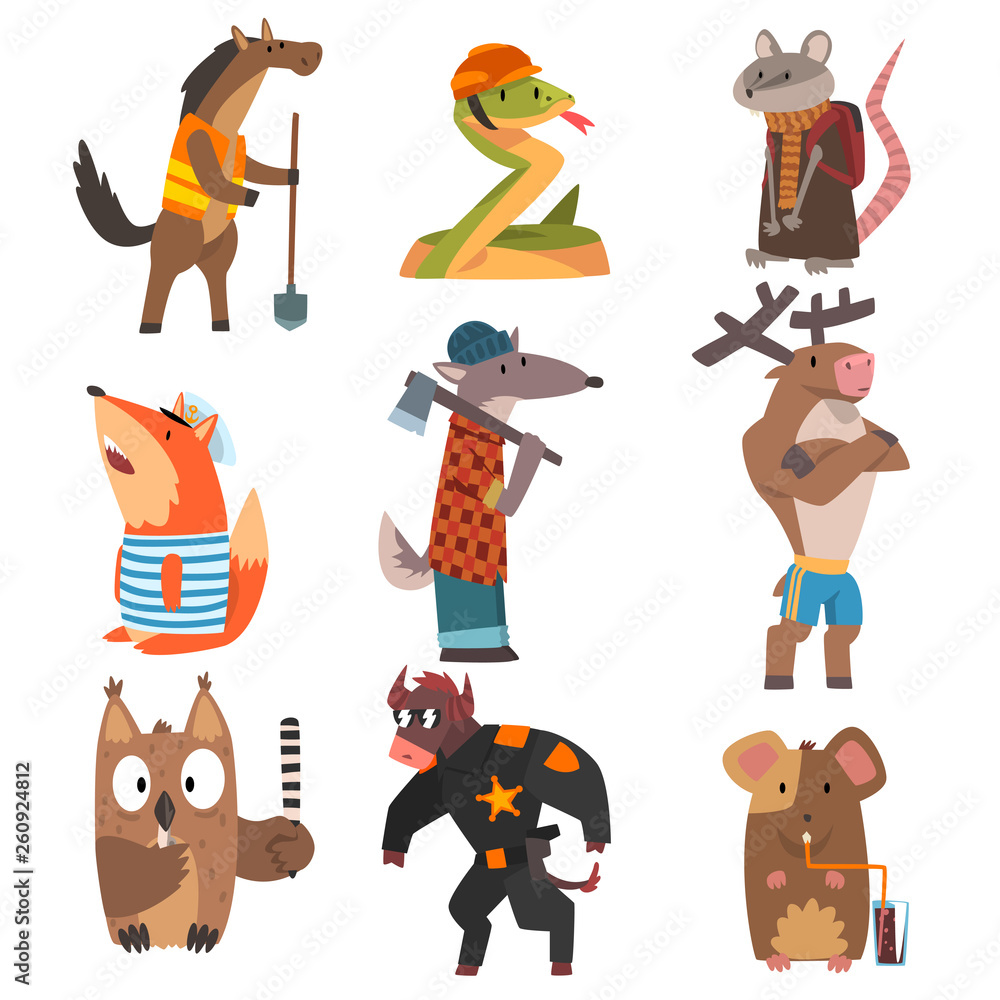 Animals of Different Professions Set, Horse, Snake, Rat, Fox, Wolf ...