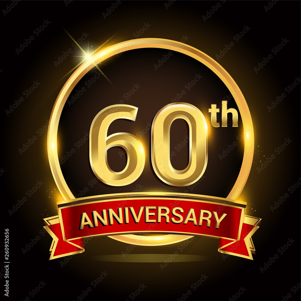 60th golden anniversary logo with ring and red ribbon isolated on black ...