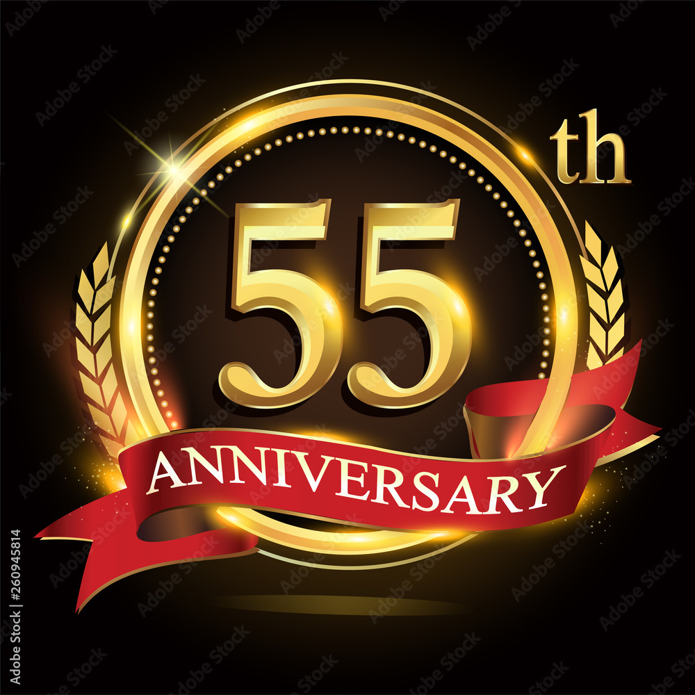 55th golden anniversary logo, with shiny ring and red ribbon, laurel ...
