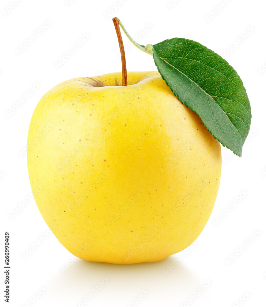 One ripe yellow apple fruit with green leaf isolated on white ...