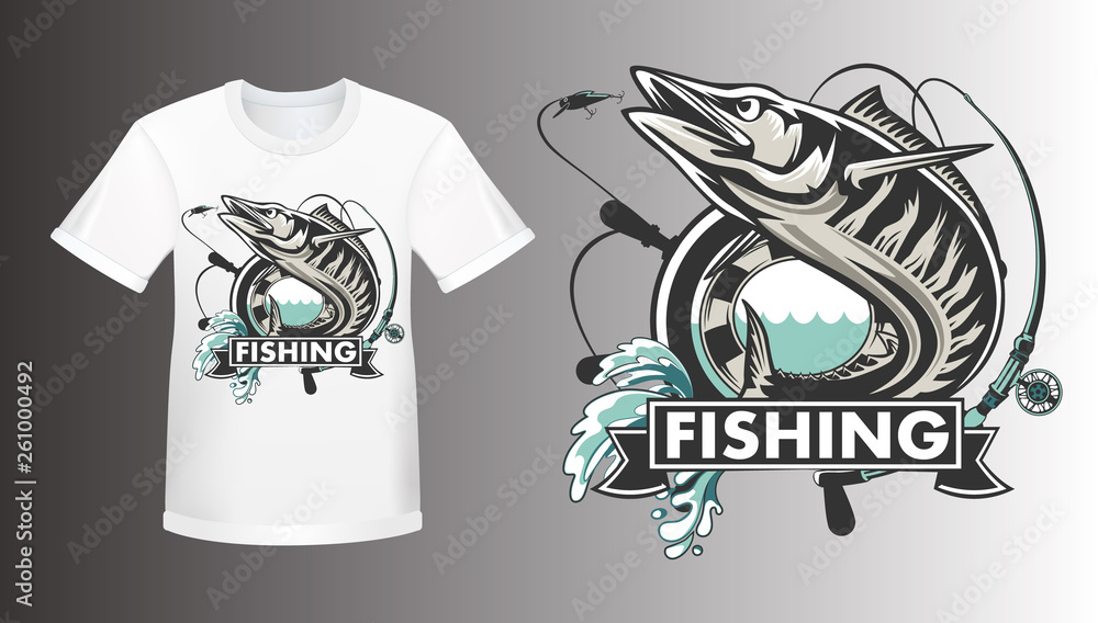 Wahoo fish shirt mockup. Fishing logo vector. Acanthocybium solandri ...