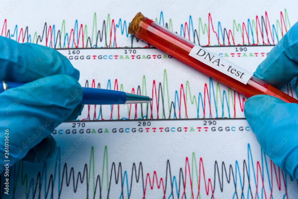 DNA molecule forming inside the vial in for blood analysis.3D rendering ...