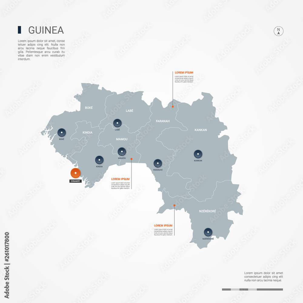 Guinea map with borders, cities, capital and administrative divisions ...