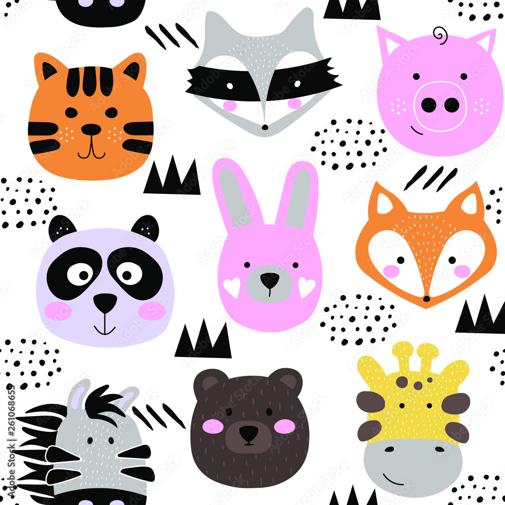 Cute cartoon animals faces seamless pattern. Vector creative texture ...
