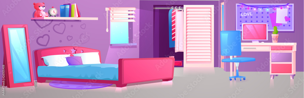 Pink children room interior with bed, desk and chair. Girl bedroom ...
