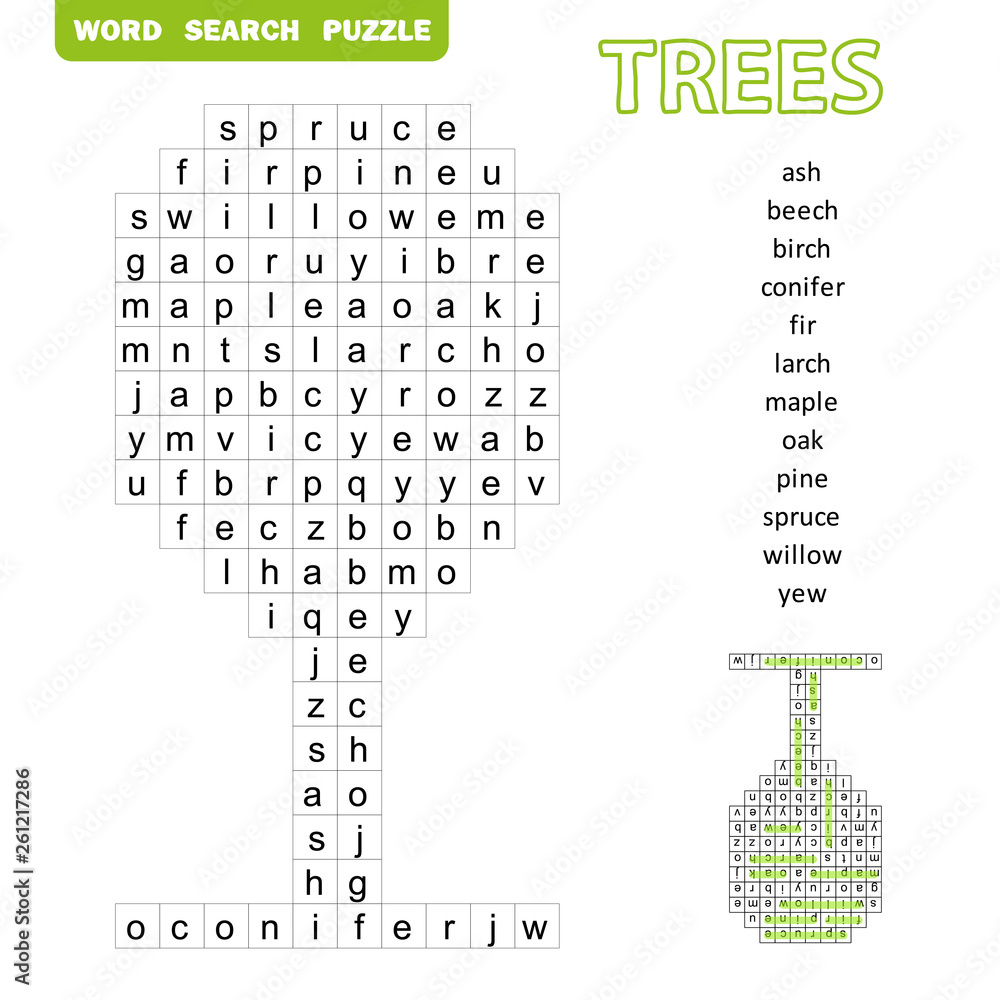Trees themed word search puzzle. Fun education game for kids, preschool ...