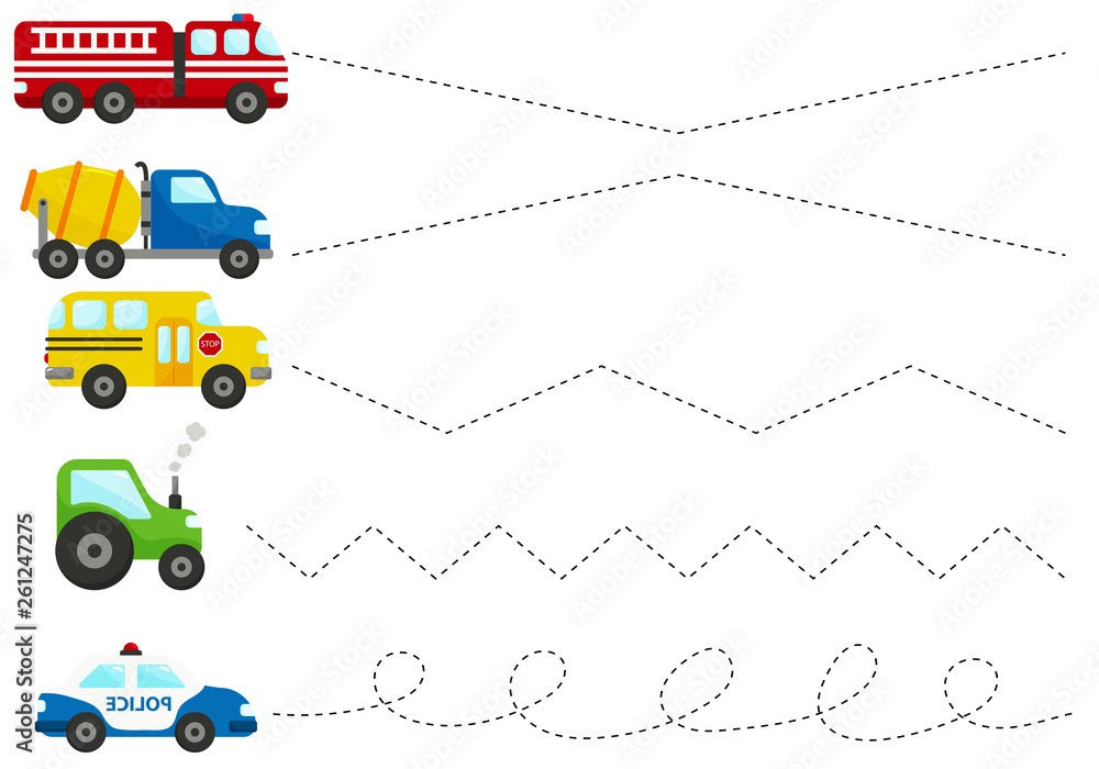 Cute cartoon police car, truck, fire engine, tractor, school bus. Trace ...