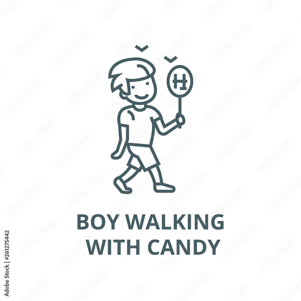 Boy walking with candy line icon, vector. Boy walking with candy ...