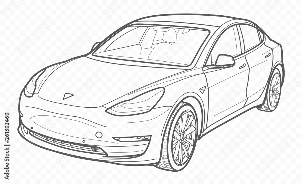 Vector contour car on transparent background. Tesla electrocar outline ...