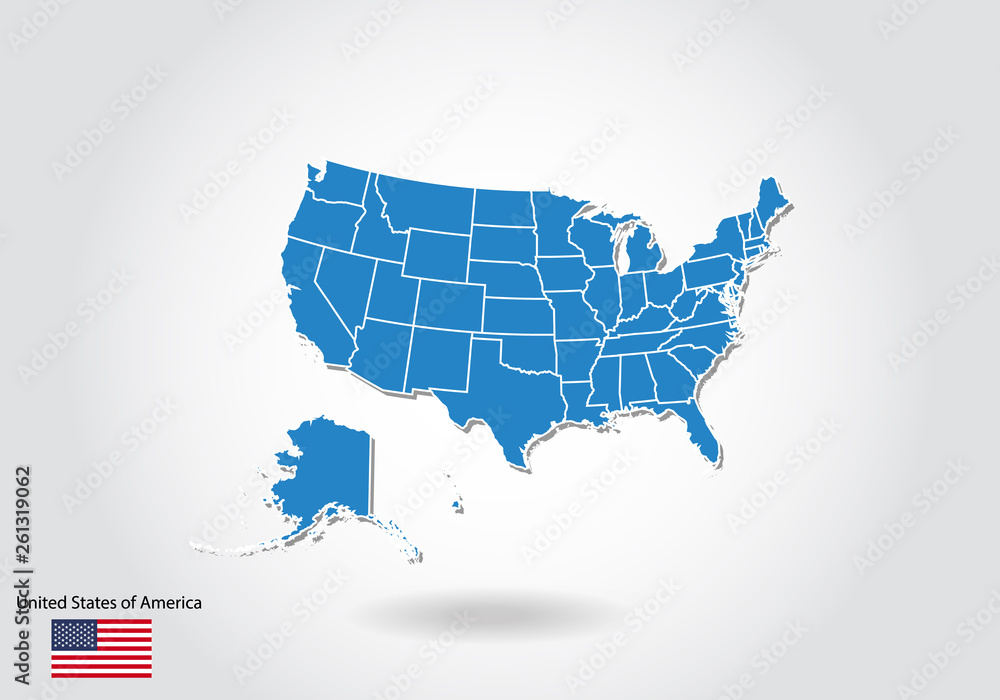 United States map design with 3D style. Blue usa map and National flag ...