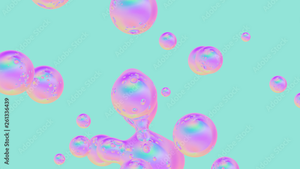 3D rendering. Abstract holographic floating liquid blobs, soap bubbles ...