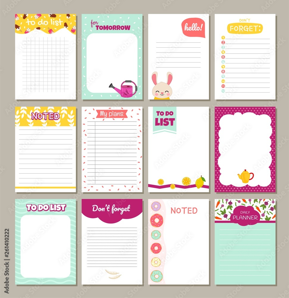 Vector cards for notebook, diary, stickers and other template. Cute ...