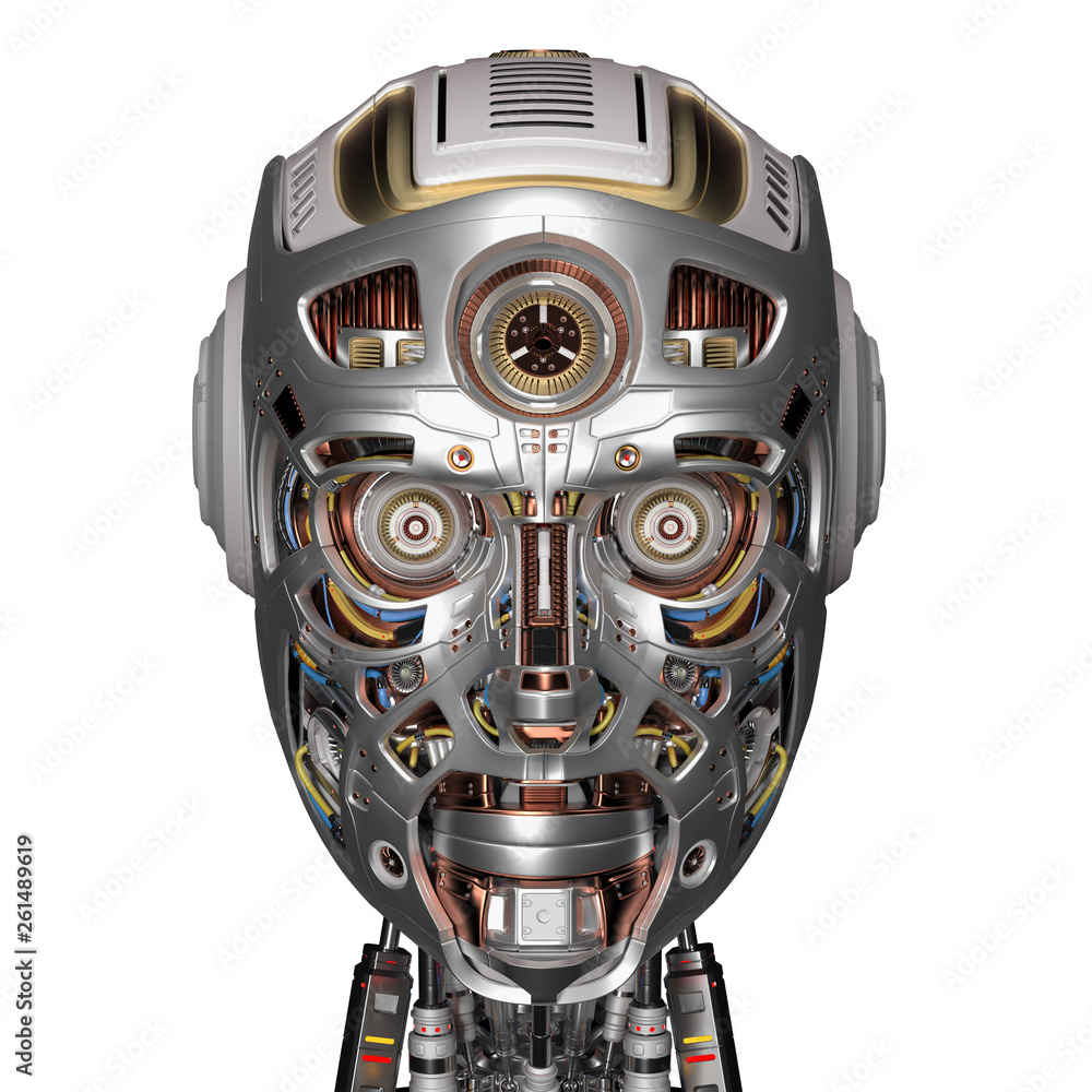 extremely detailed robot face or technological cyborg head. Front view ...