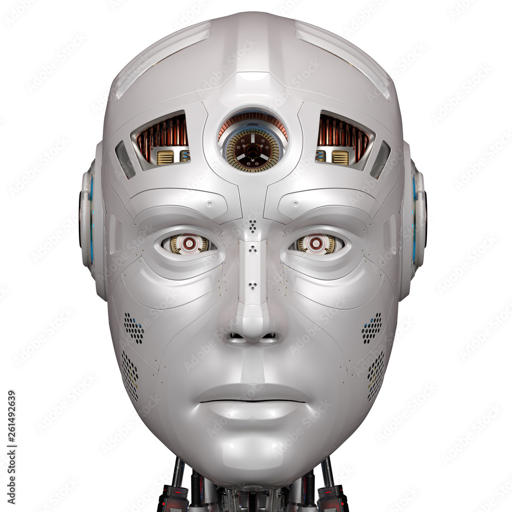 futuristic robot head or very detailed cyborg face. Front view ...