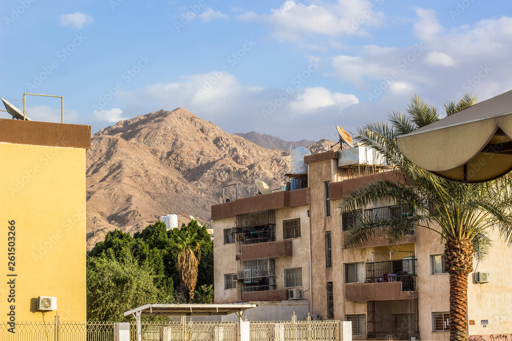 common Arabic house building in modern Middle East city street poor ...