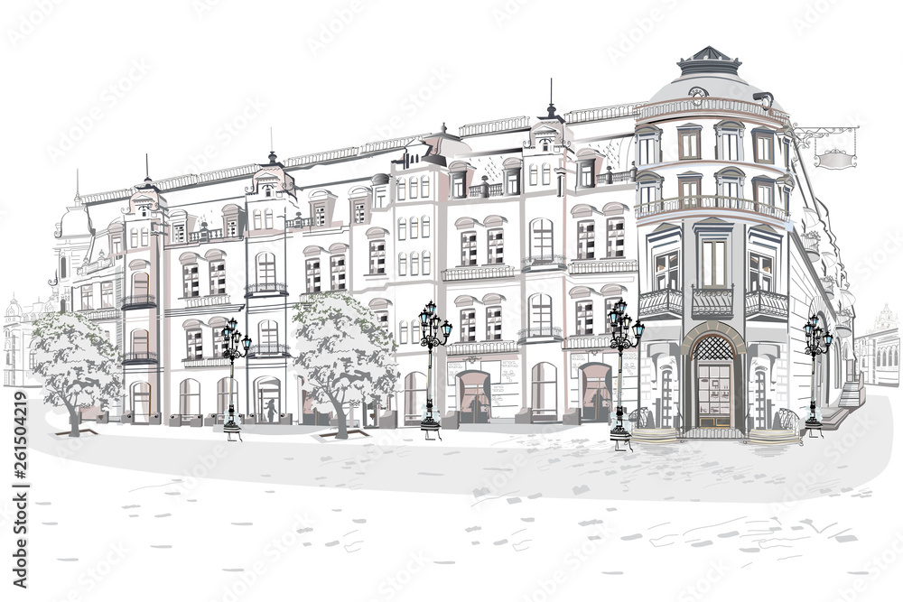 Series of backgrounds decorated with flowers, old town views and street ...