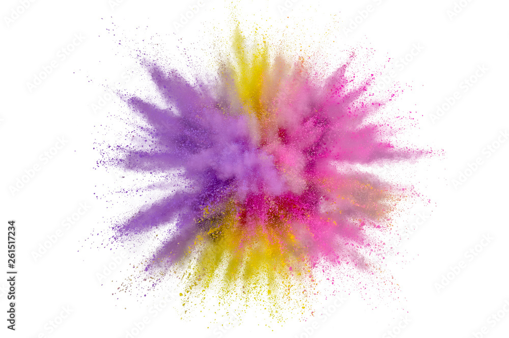 Colored powder explosion on white background. Abstract closeup dust on ...