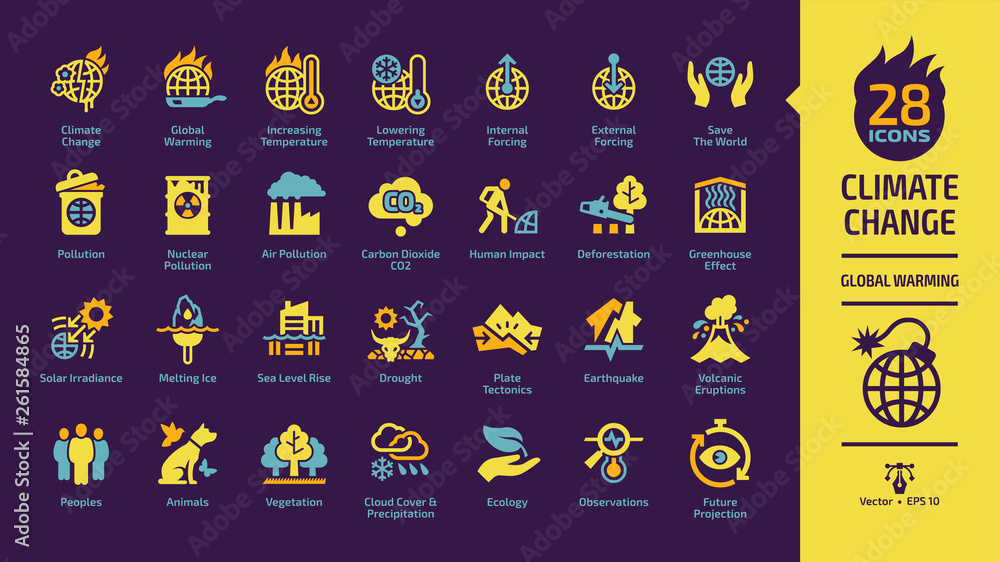 Climate change or global warming yellow glyph icon set on a dark violet ...