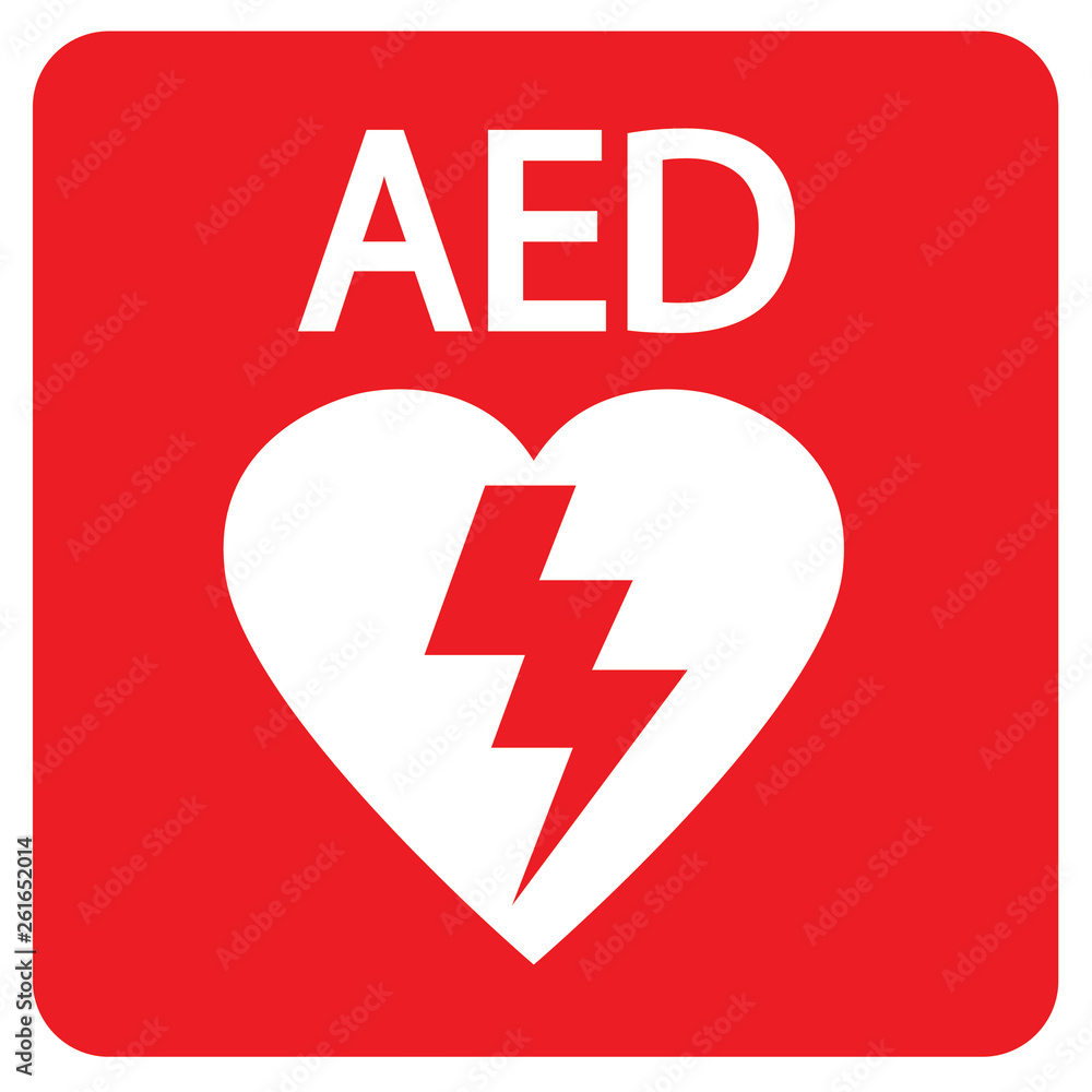 AED,automated external defibrillator / aed sign with heart and electricity symbol flat vector ...