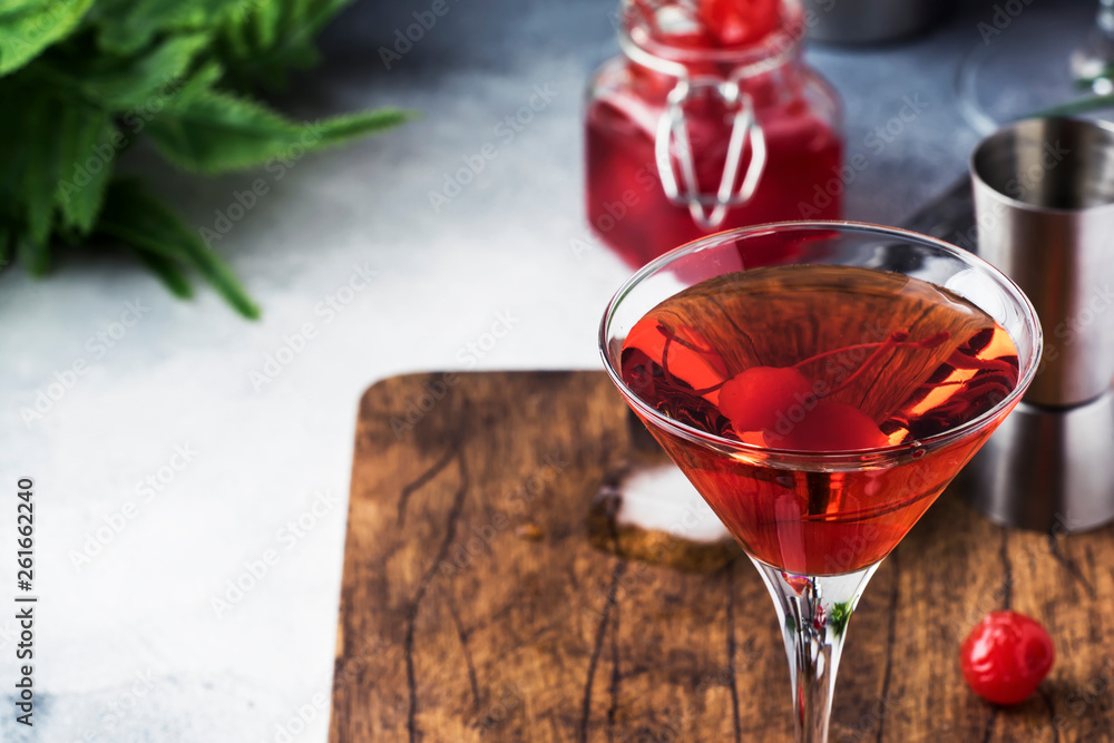 Classic alcoholic cocktail Manhattan with american bourbon, red ...