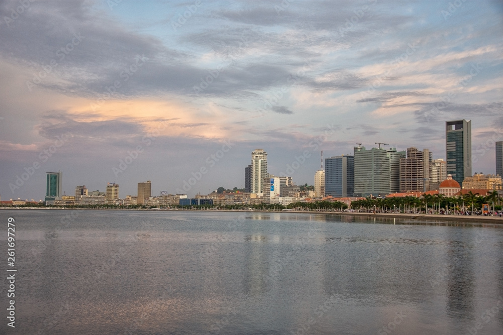 Luanda bay and seaside promenade at sunset, Marginal of Luanda capital ...