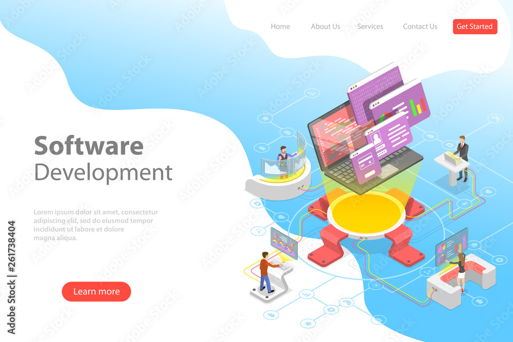 Flat isometric vector landing page template of software development ...