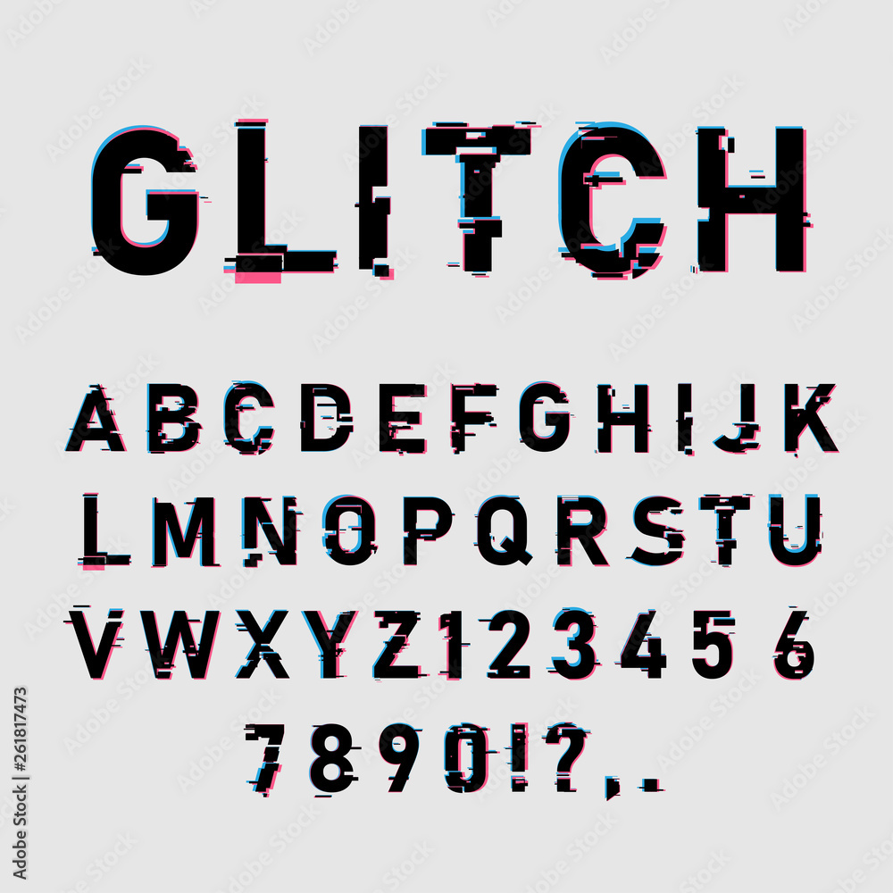 Glitch font set. Letters and numbers with temporary malfunction ...