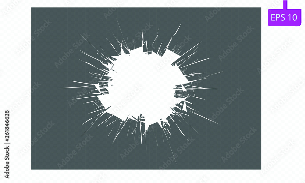 Broken glass, cracks, bullet marks on glass. Illustration set. You can ...