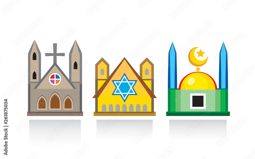 Cathedral church, Jewish synagogue, Islamic mosque. Religious temples ...