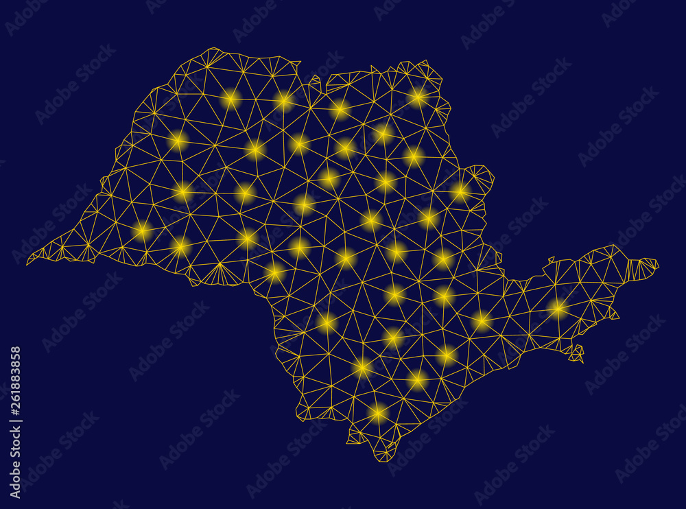 Bright yellow mesh Sao Paulo State map with lightspot effect. Wire ...