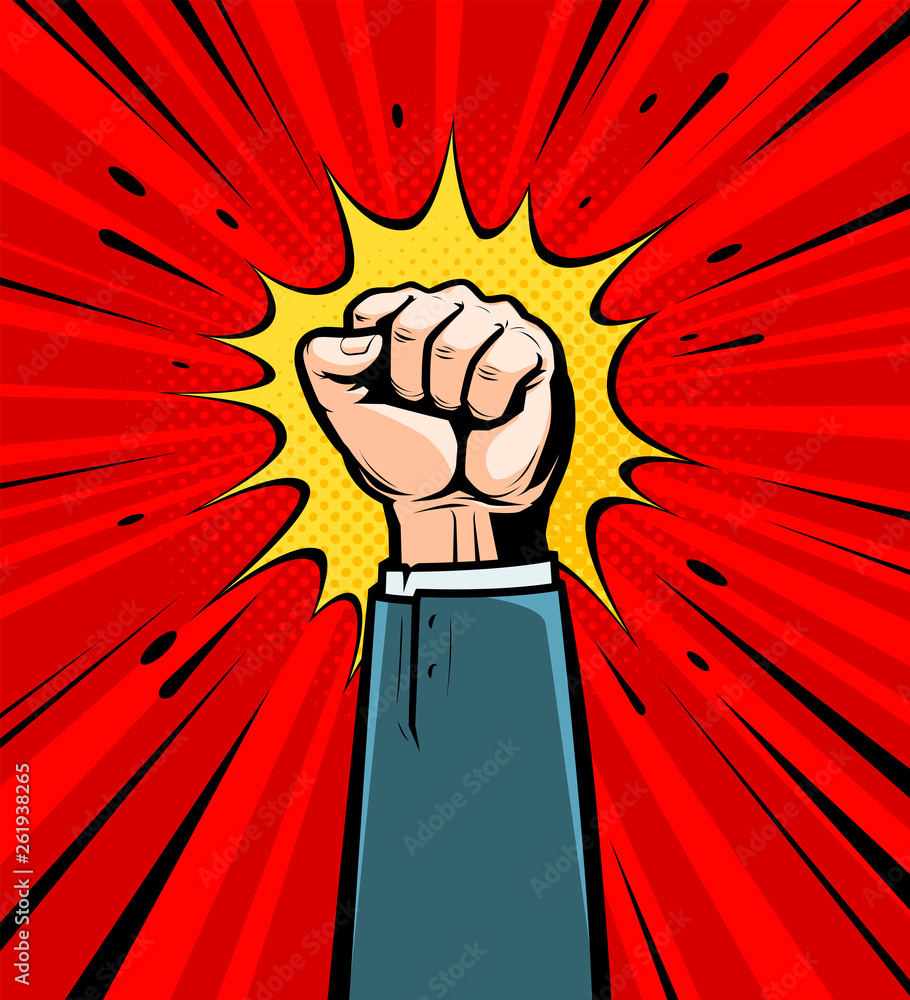 Clenched fist raised up. Cartoon in pop art retro comic style, vector ...