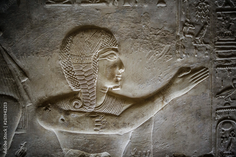 Detail of the relief, drawing with hieroglyphs based on the mythology ...