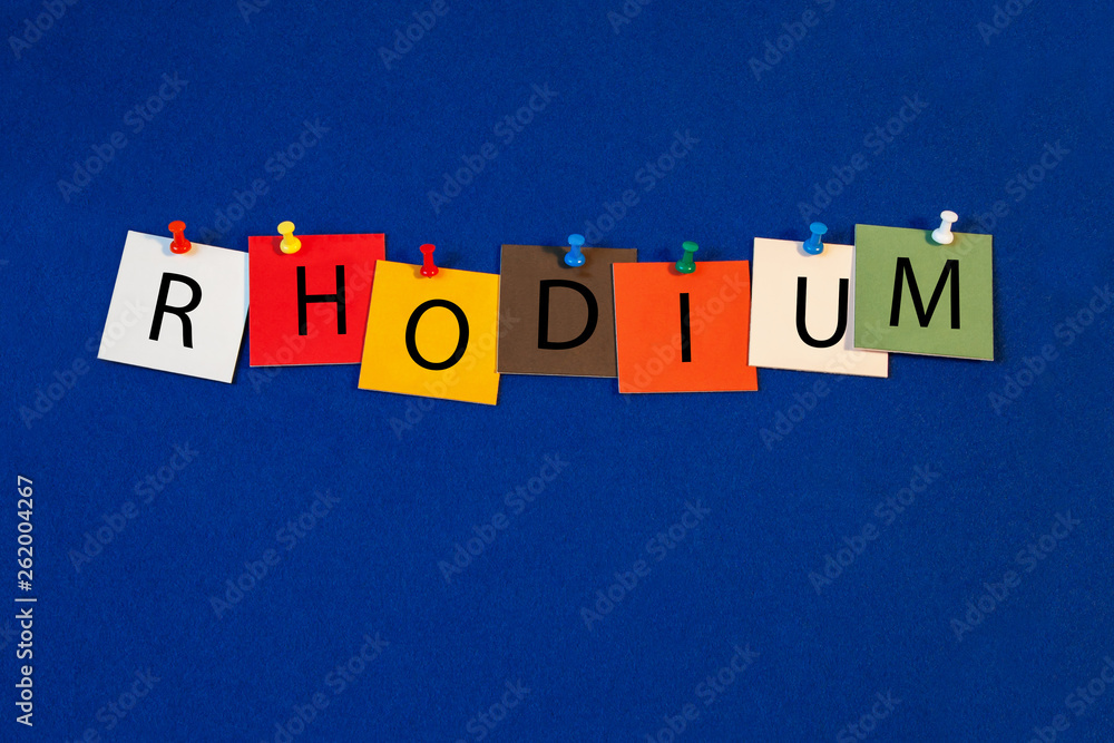 Rhodium – one of a complete periodic table series of element names ...