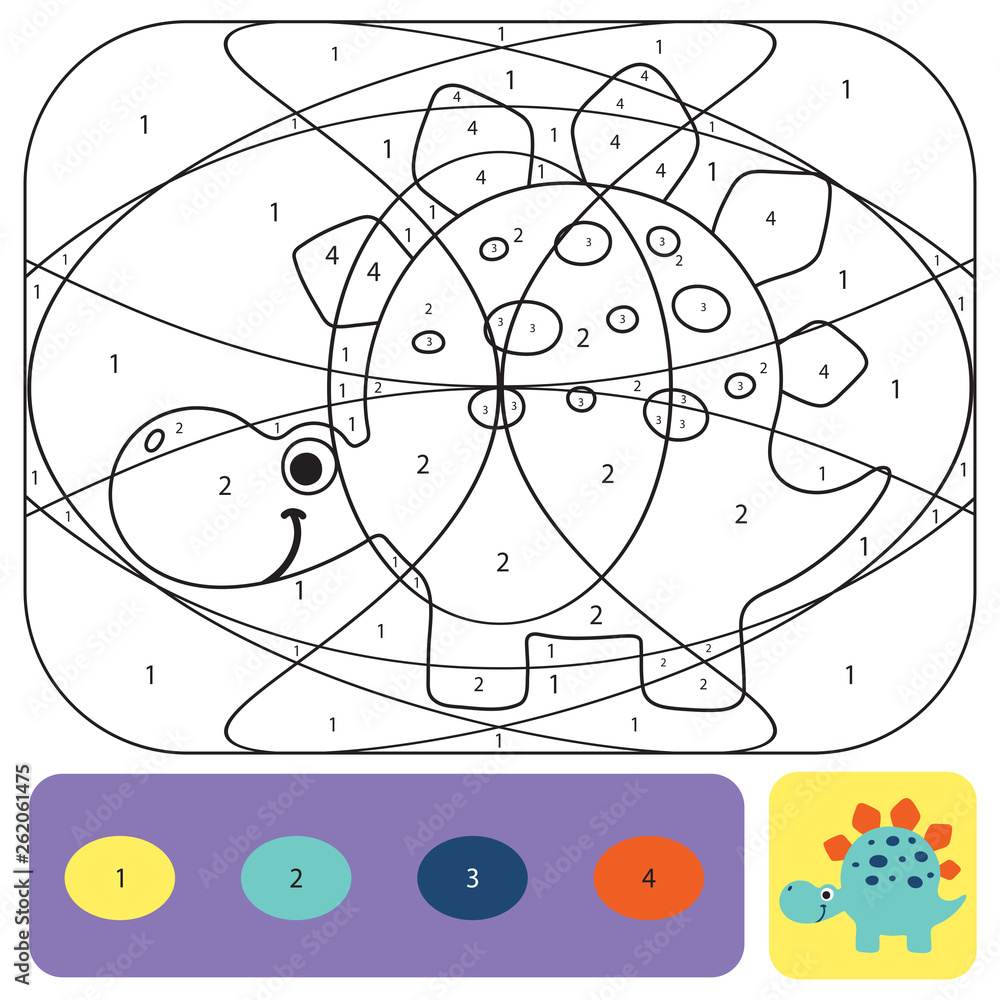 Cute dino coloring page for kids. Coloring puzzle with numbers of color ...