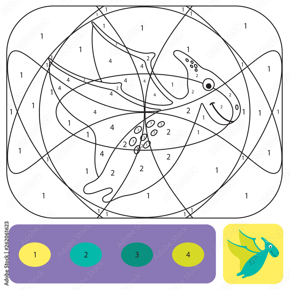 Cute dino coloring page for kids. Coloring puzzle with numbers of color ...