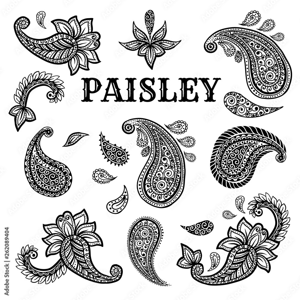 Paisley motifs hand drawn illustrations set. Buta ink pen isolated ...