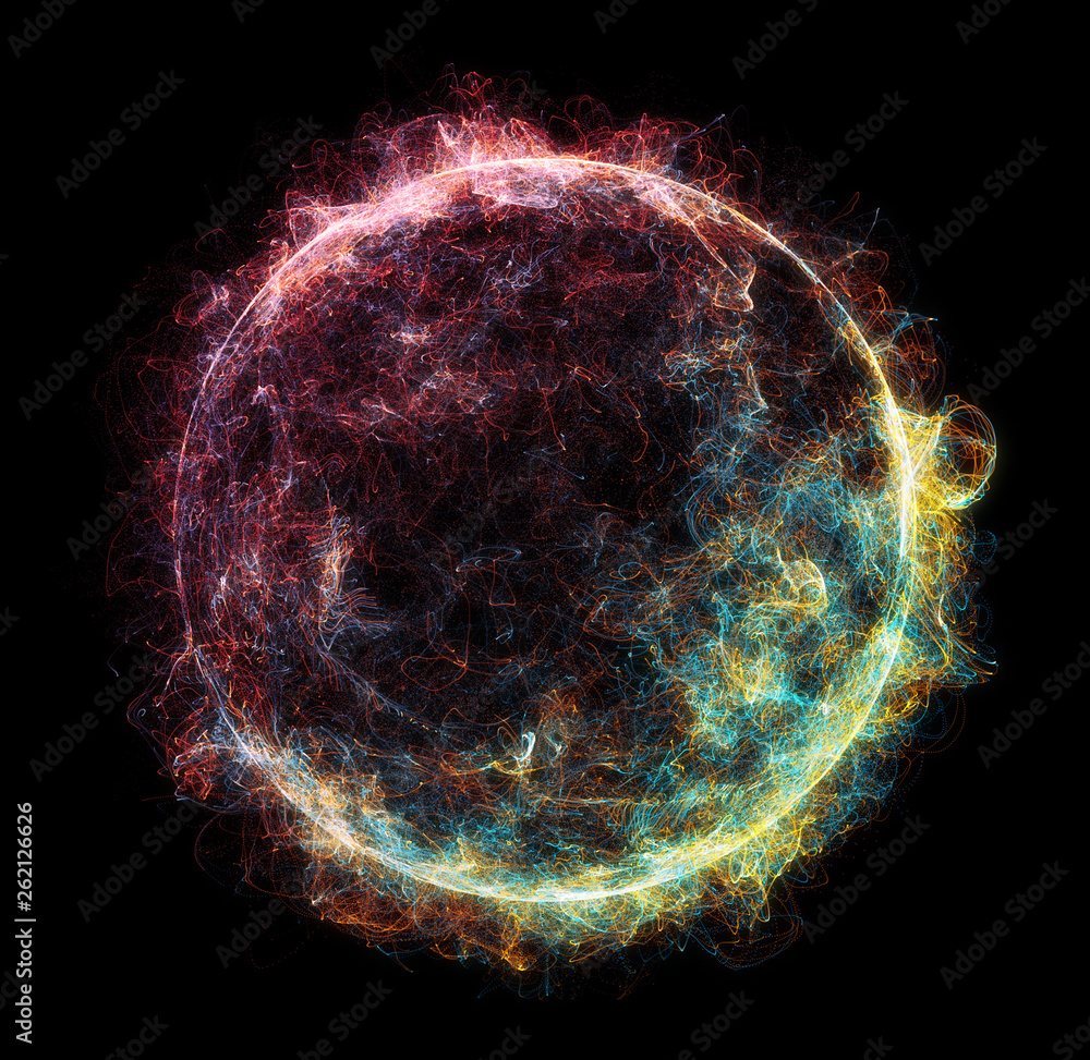 Abstract particles background with corrupted point sphere. Sun Solar ...